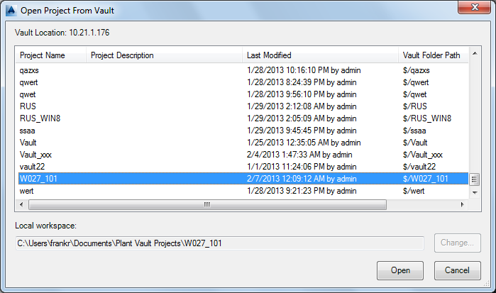 Plant Vault Open Project Dialog