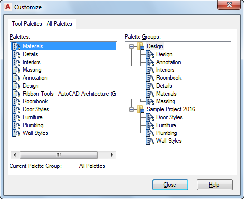 To Display the Project Tool Palette Group