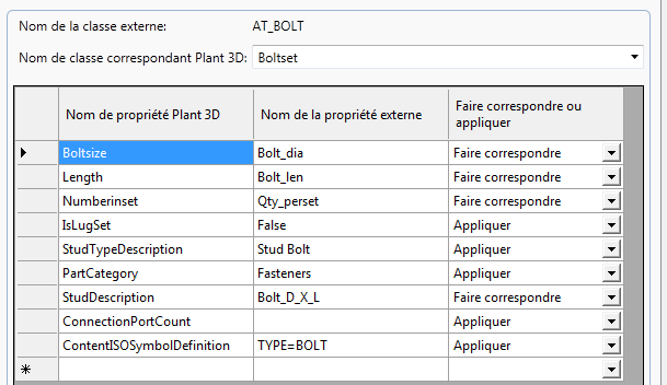 Onglet Mappage de la géométrie (boîte de dialogue Mappage entre AutoPLANT et Plant 3D)