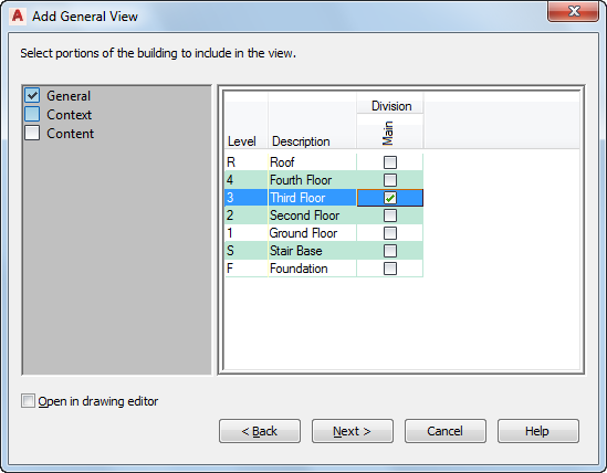 To Create a View Drawing: Assigning Levels and Divisions