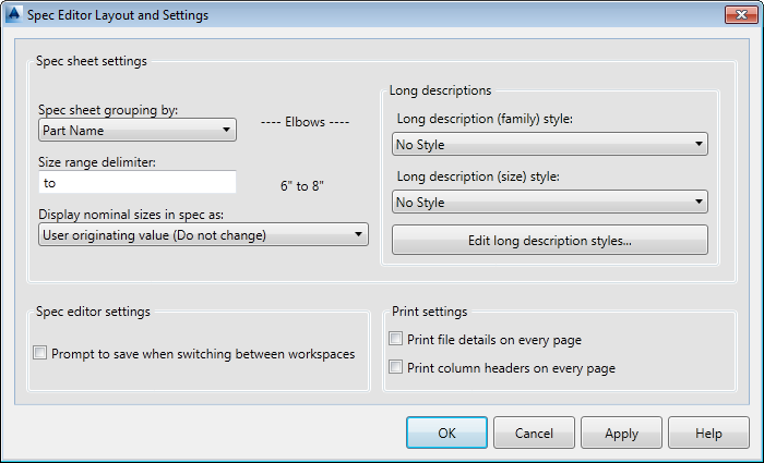 Spec Editor Layout and Settings Dialog Box | AutoCAD Plant 3D 2021 ...