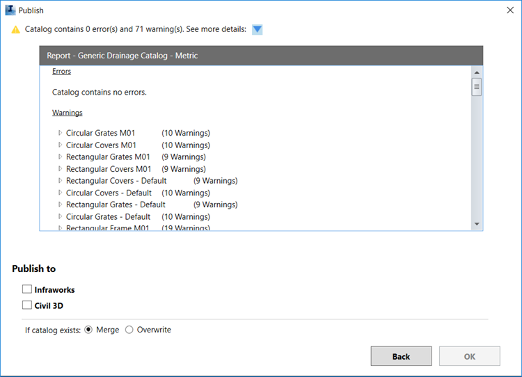 To publish a parts catalog to Autodesk InfraWorks or Autodesk Civil 3D