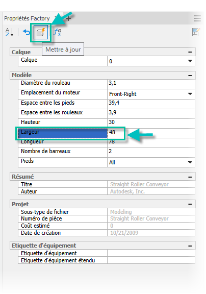Modifier les propriétés Inventor Factory