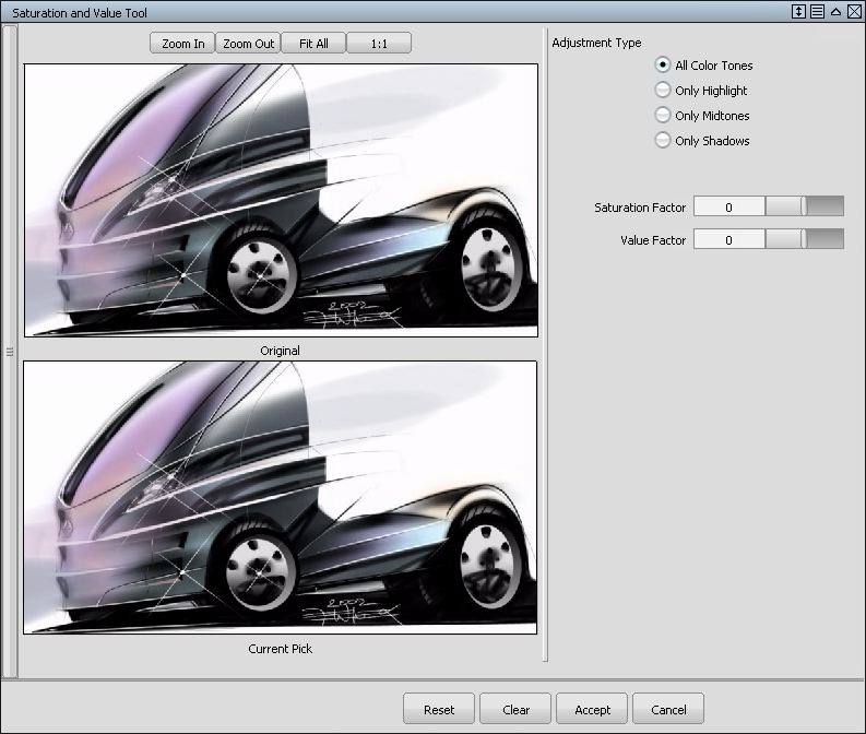 Modify color saturation and value in an image