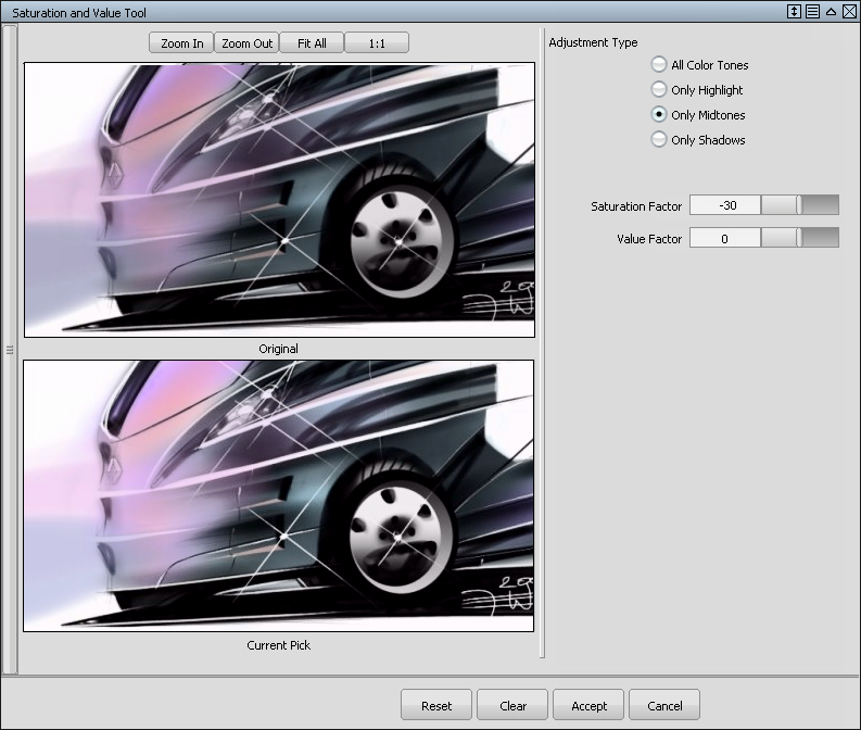 Modify color saturation and value in an image
