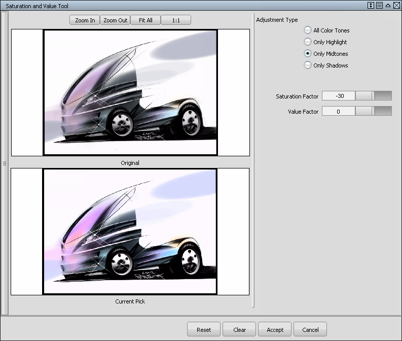 Modify color saturation and value in an image