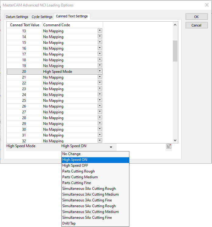 Set up HSM codes using canned text in Mastercam