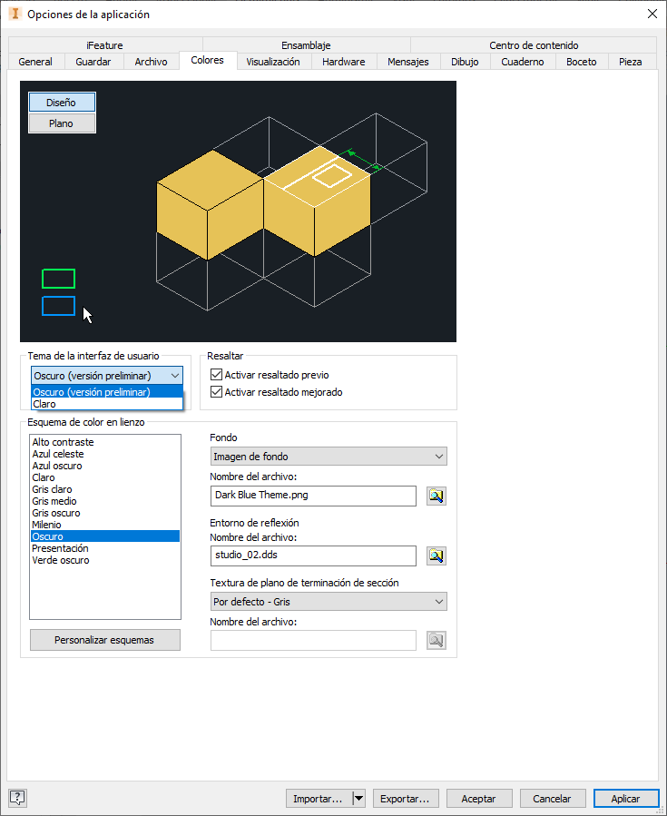 Tema oscuro de Inventor