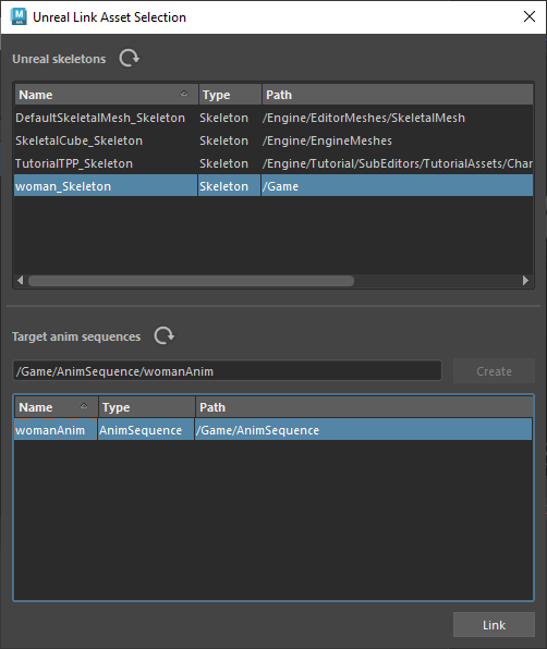 Unreal Link アセット選択(Unreal Link Asset Selection)ウィンドウ