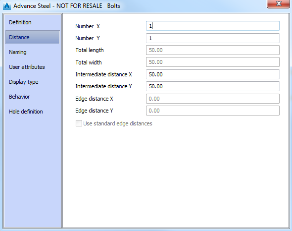 Bolts Dialog: Distance Tab