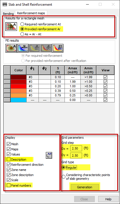 Set Calculation Options - Provided Reinforcement