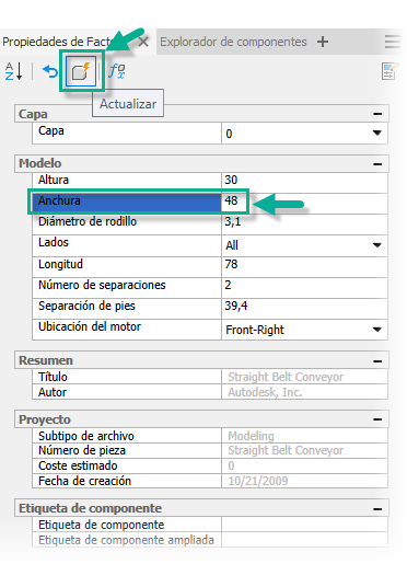 Edición de propiedades de Inventor Factory