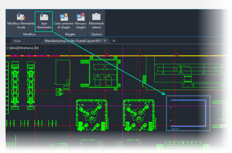 Apertura del layout in 2D e download di asset