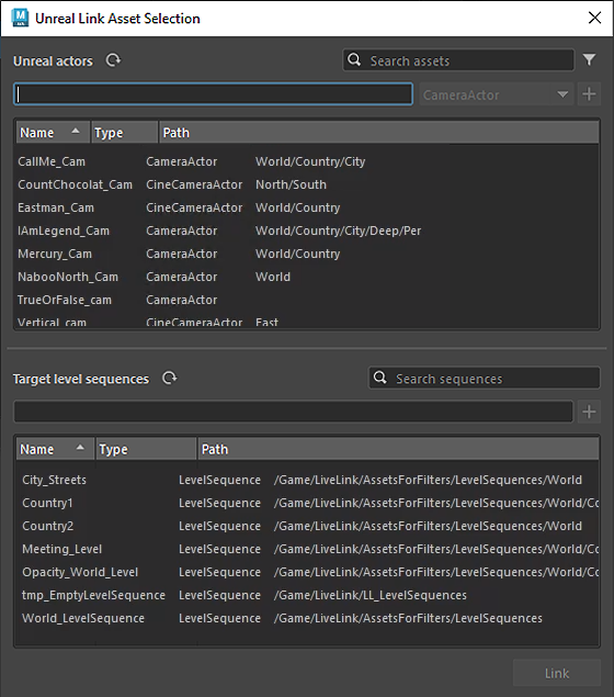 Unreal Link アセット選択(Unreal Link Asset Selection)ウィンドウ