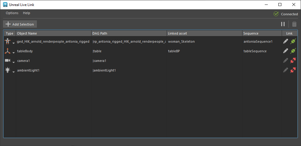 Unreal Live Link ウィンドウ