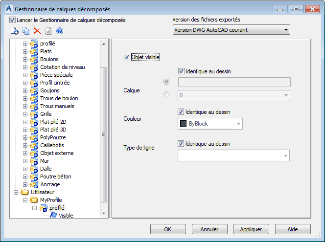 Boîte de dialogue Gestionnaire de calques décomposés