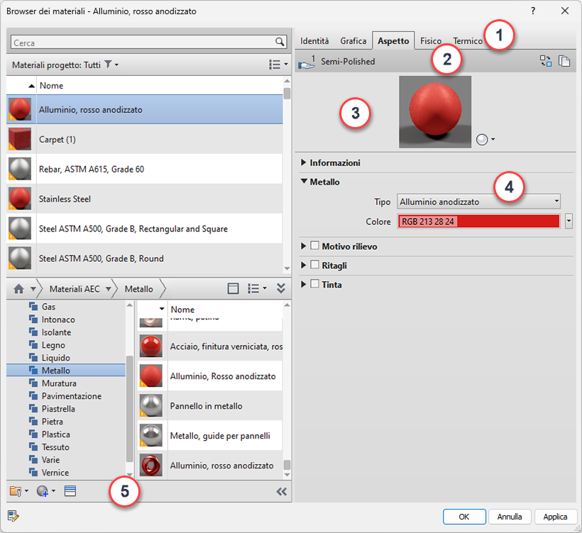 Informazioni sulle proprietà e i componenti di progetto dei materiali