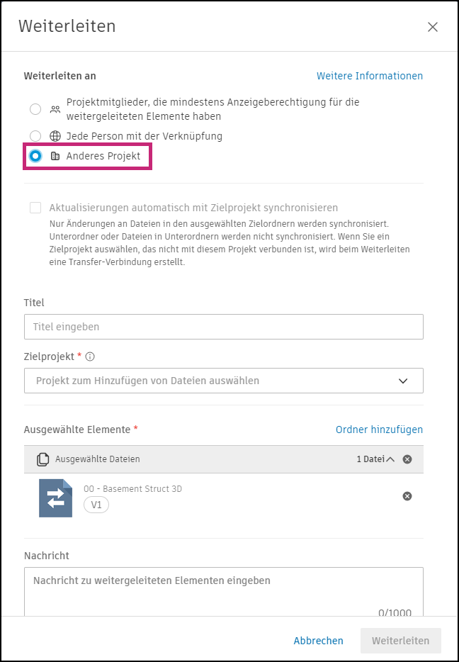 Weiterleiten eines Datenaustauschs über das Transfer-Tool