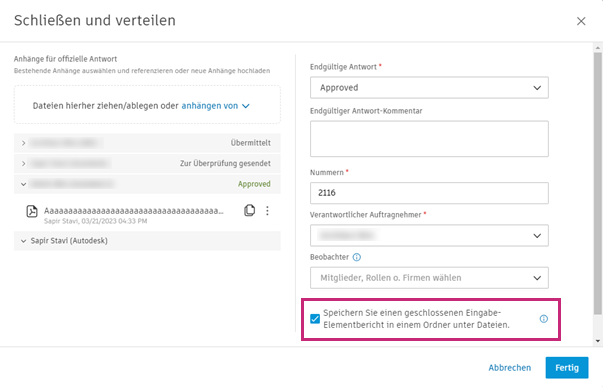Weiterleiten von geschlossenen Eingaben mit dem Transfer-Tool