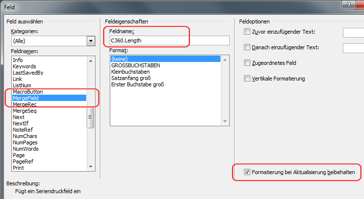 Hinzufügen von Modelldaten mithilfe eines Seriendruckfelds (MergeField)
