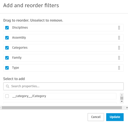 Object filters and model tree