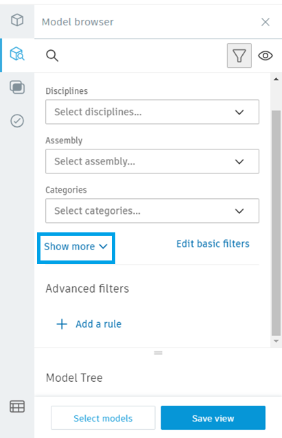 Object filters and model tree
