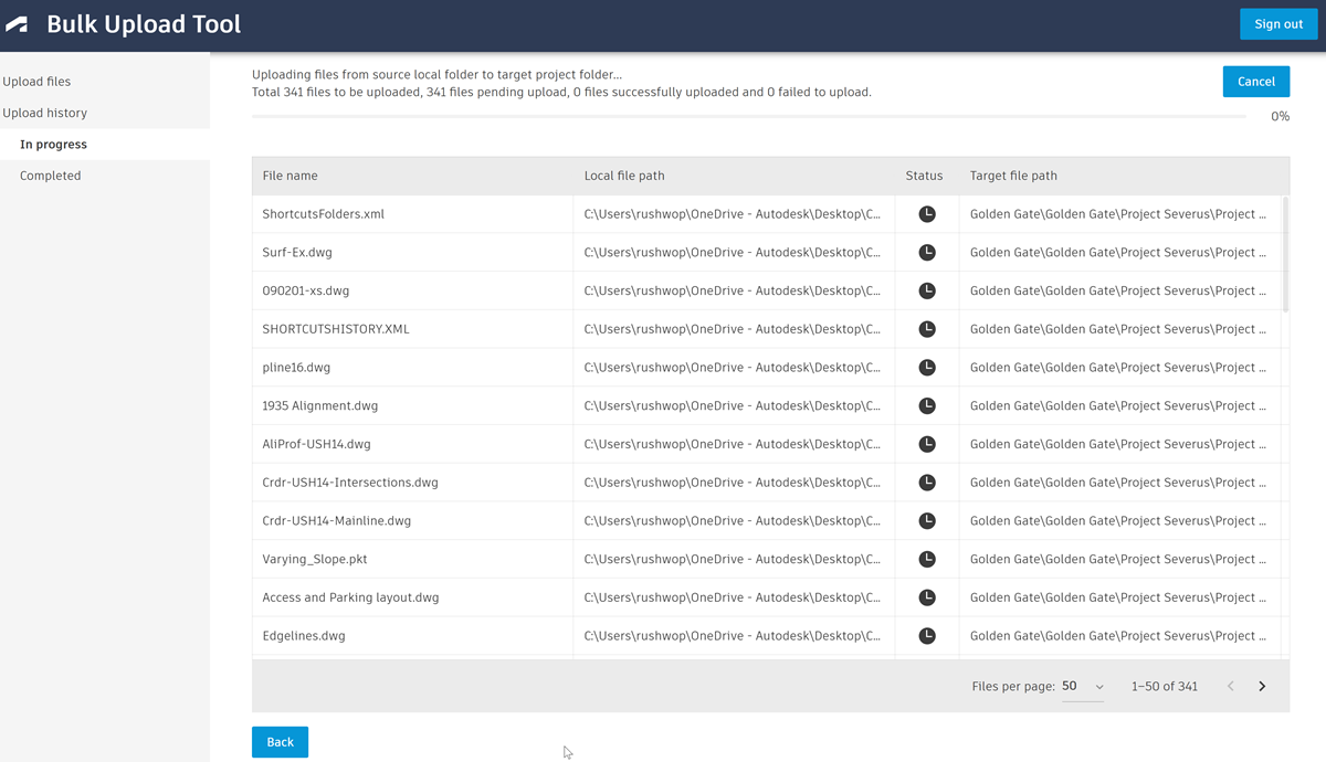 In Progress and Completed Uploads Details