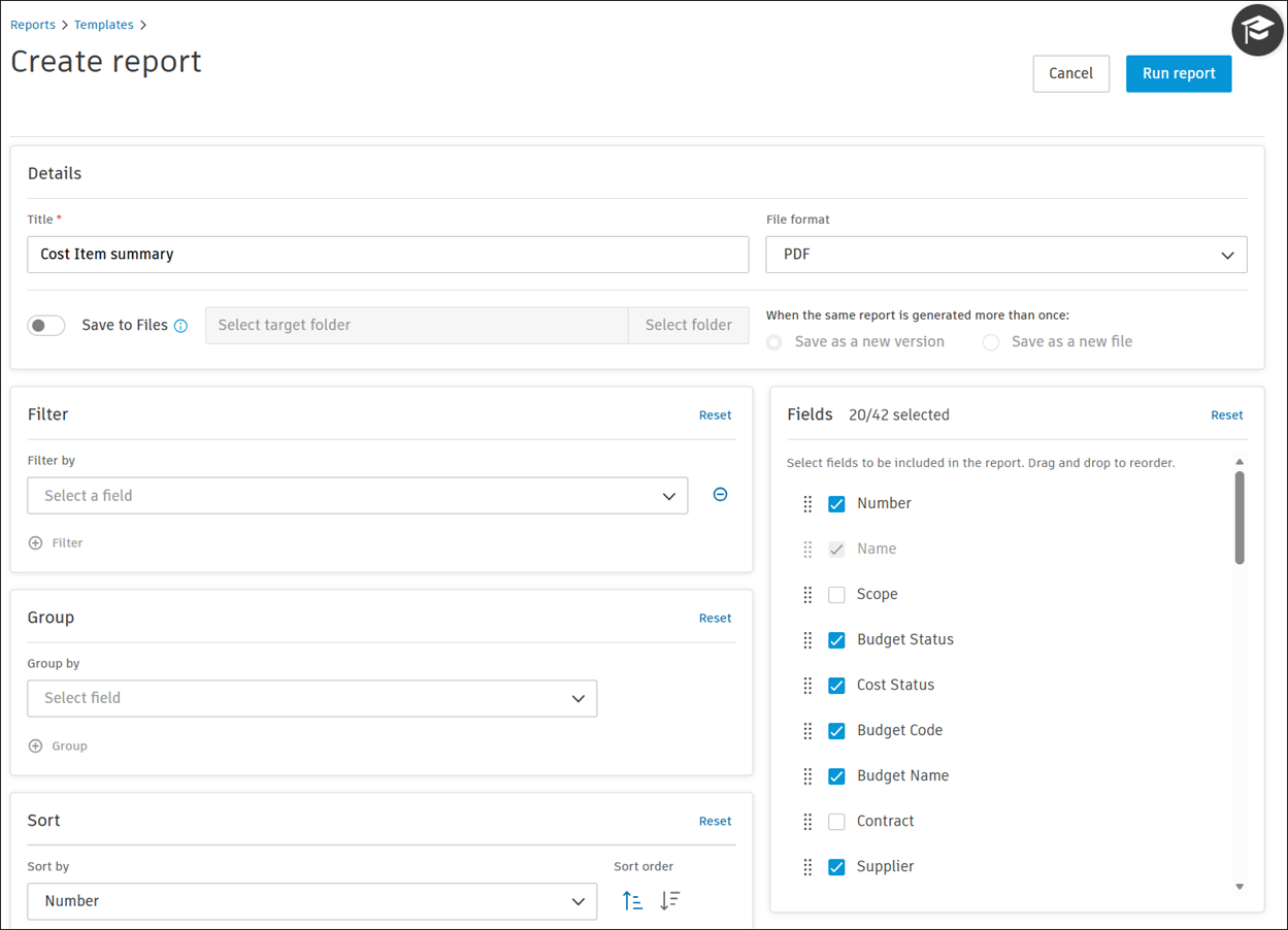 Cost Item Summary Cost Management Report