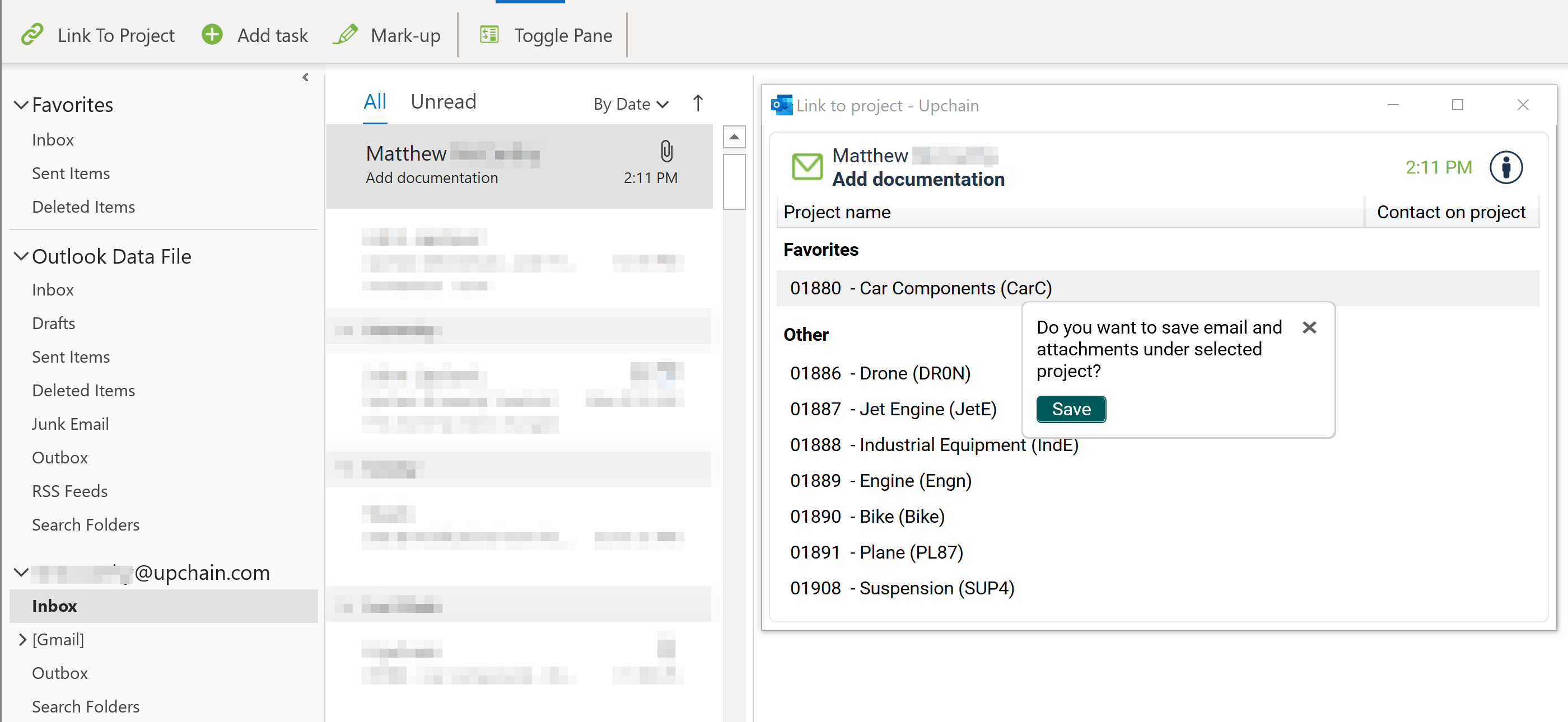 Saving emails and their attachments under a project
