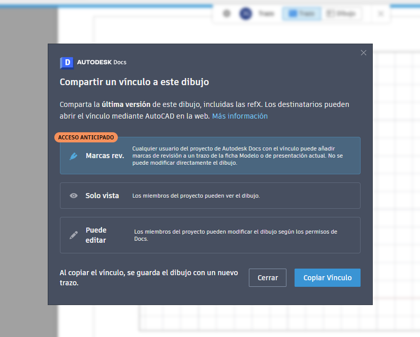 Compartir un dibujo de Autodesk Docs para añadir marcas de revisión multiusuario