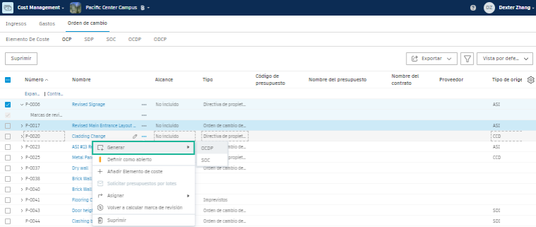 Órdenes de cambio potenciales (PCO)