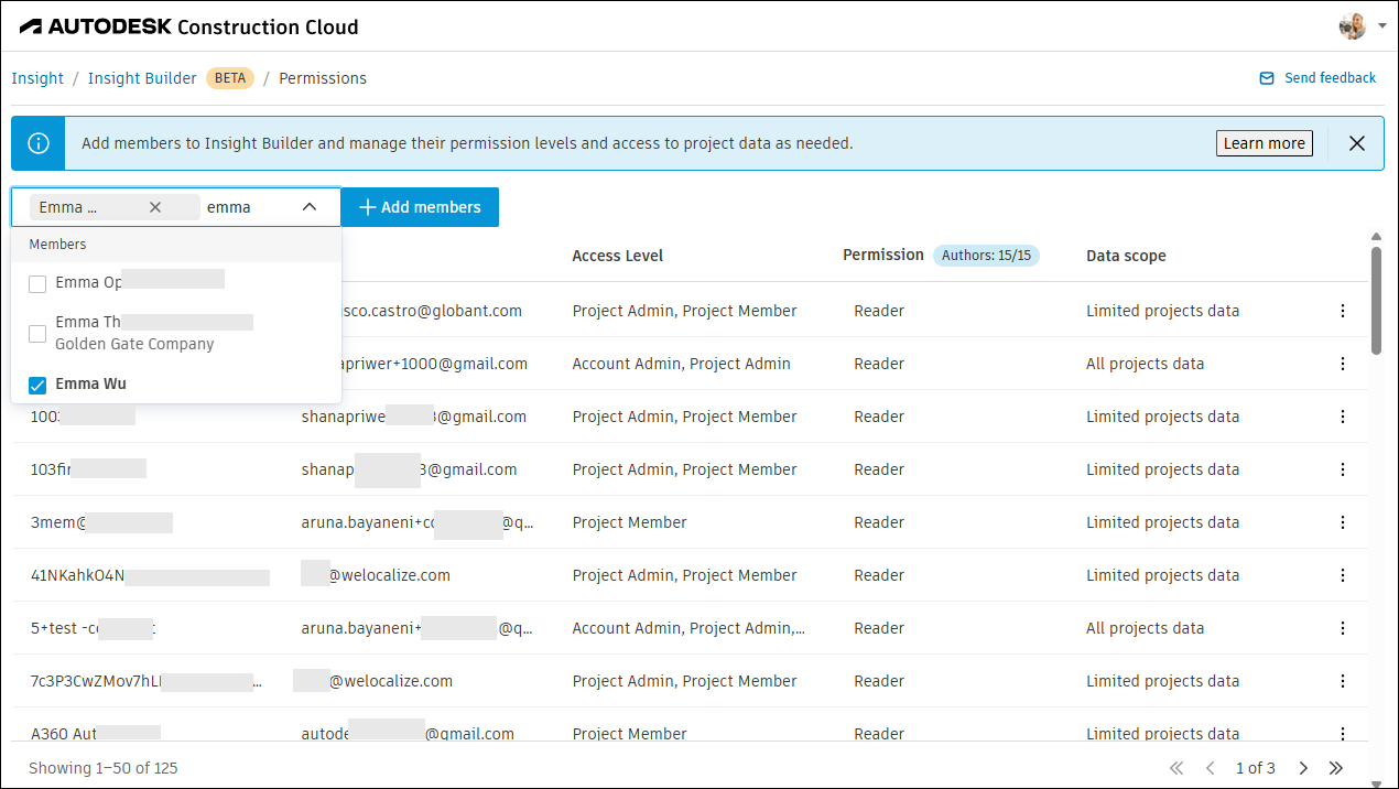 Administrar miembros y permisos de miembros en Insight Builder
