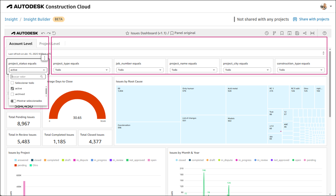 Filtrar, ordenar e interactuar con paneles principales en Insight Builder