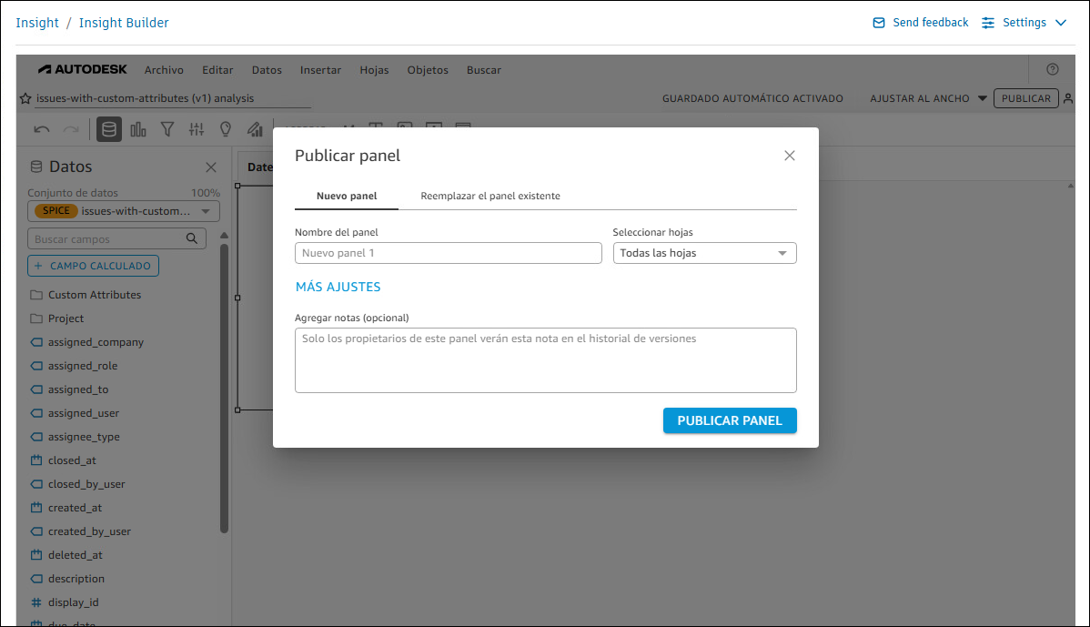 Publicar un análisis en la página Paneles principales de Insight Builder