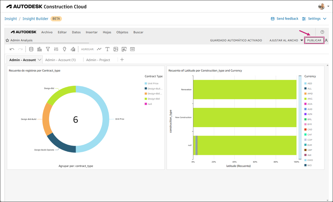 Publicar un análisis en la página Paneles principales de Insight Builder