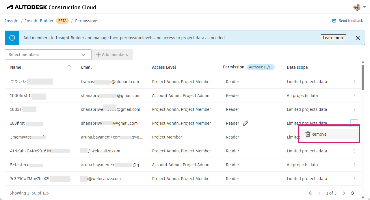 Administrar miembros y permisos de miembros en Insight Builder