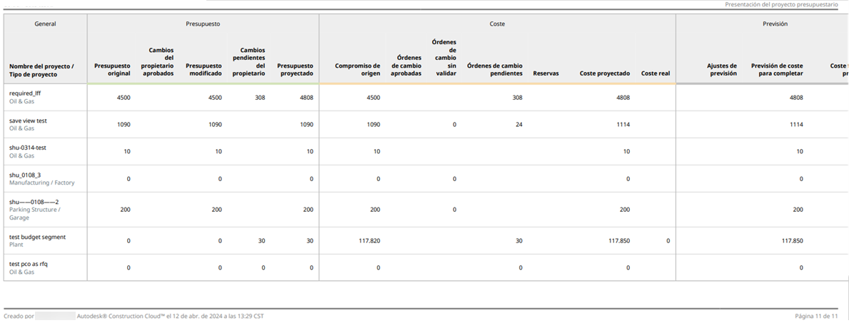 Informes Cost Management de presupuesto