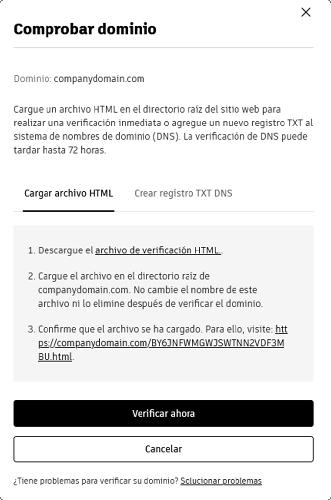 Añadir y verificar dominios
