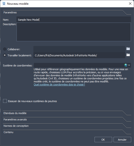 Pour recréer un modèle InfraWorks avec un système de coordonnées différent