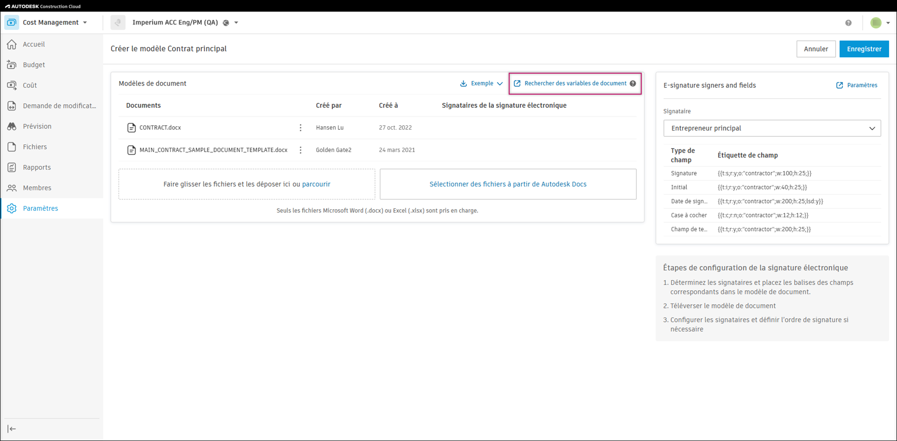 Variables dans Cost Management