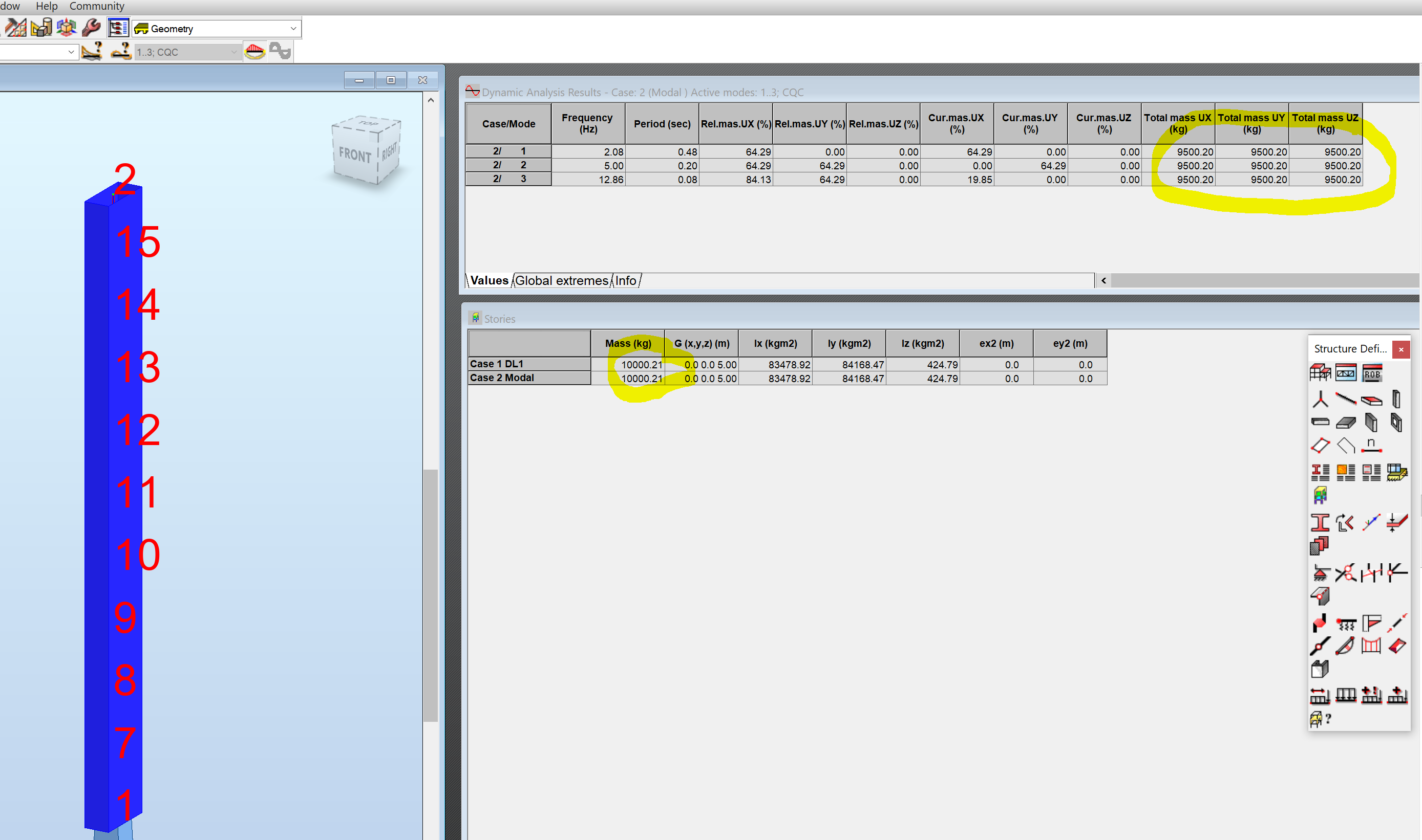 Dynamic mass from modal analysis results table different than mass presented in Stories table in ...