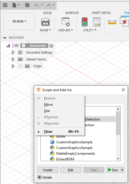 Scripts and Add-Ins... pop-up window does not appear and freezes Fusion 360