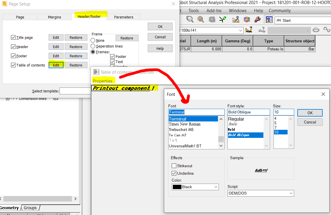 Robot Structural Analysis의 계산 보고서에 대한 글꼴 구성