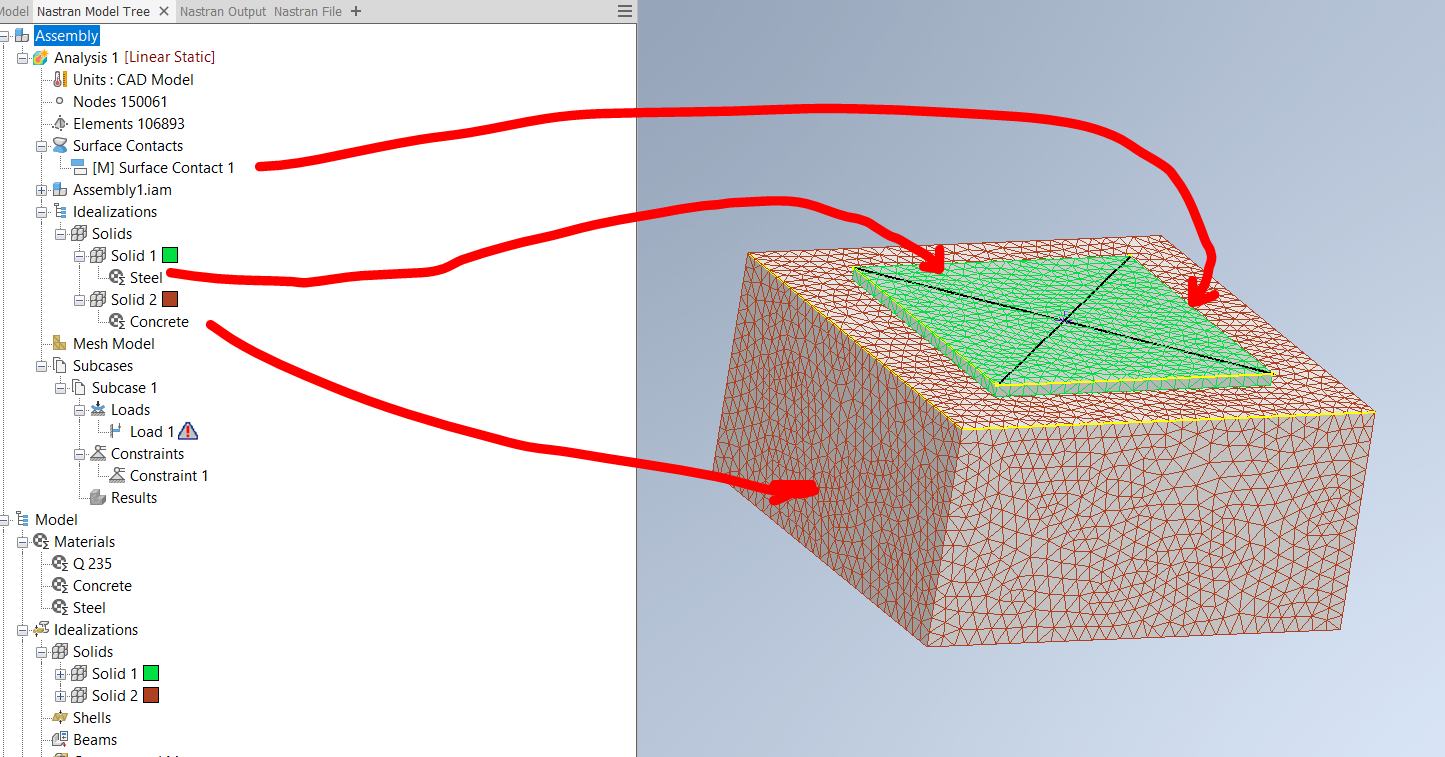 Steel plate resting on concrete block simulation in Inventor Nastran