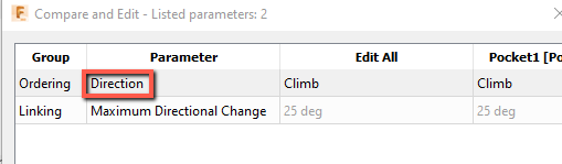 How to change cut direction (toolpath parameters) for multiple toolpaths in Fusion
