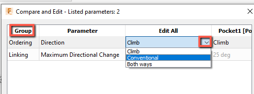 How to change cut direction (toolpath parameters) for multiple toolpaths in Fusion