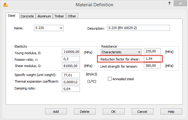 Reduction factor for shear for materials in Robot Structural Analysis