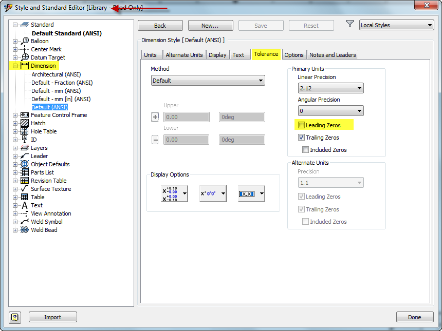 Set leading and trailing 0's for a dimension in Inventor