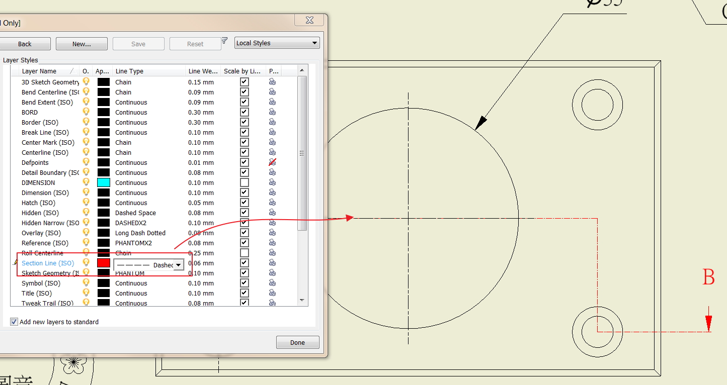 Section View Line Type change is not reflected in an Inventor drawing