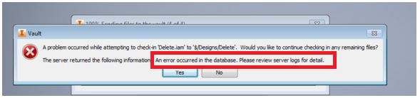 'A problem occurred while attempting to check-in...An error occurred in the database...' when ...